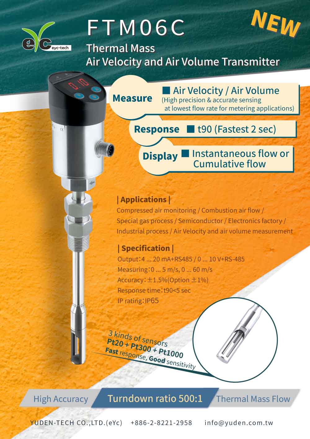 New product-eyc-tech FTM06C-A air velocity and air volume transmitter, high accuracy, turndown ...